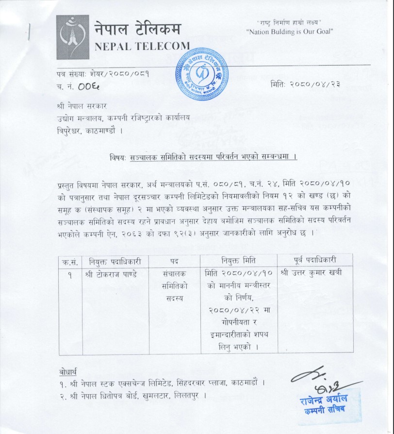 » नेपाल टेलिकमको सञ्चालकमा टोकराज पाण्डे नियुक्त